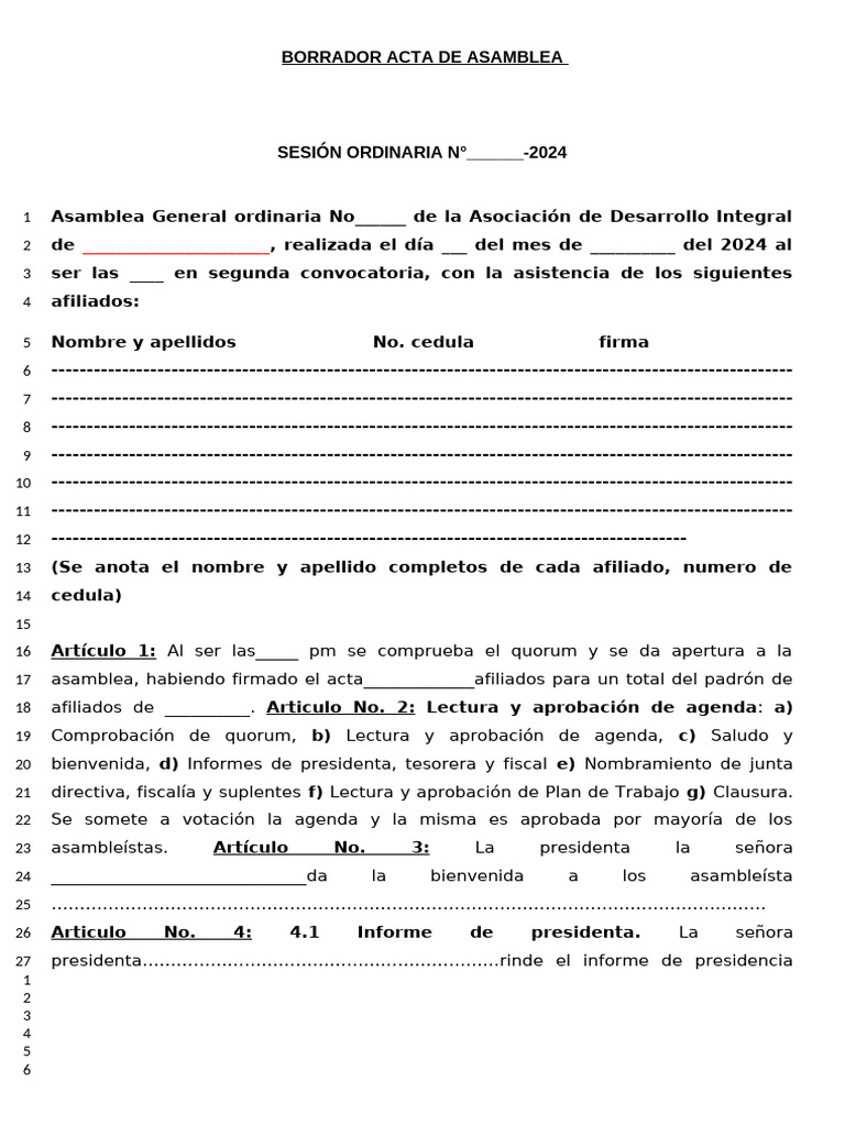 Acta de Borrador ASAMBLEA | PDF | Votación | Eventos políticos