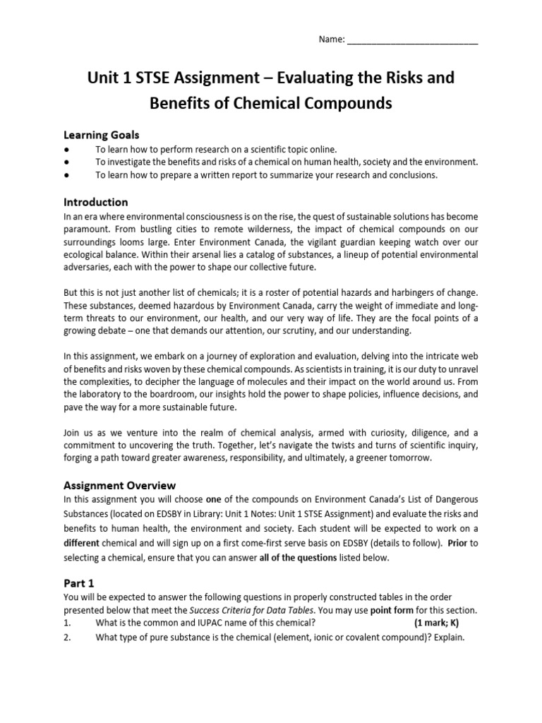 SCH3U Unit 1 STSE Assignment (24-25) | PDF | Chemistry | Chemical Compounds