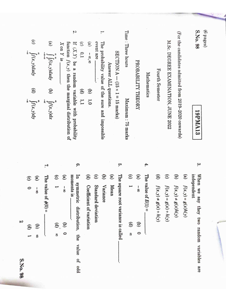 Probability Theory Question Paper | PDF