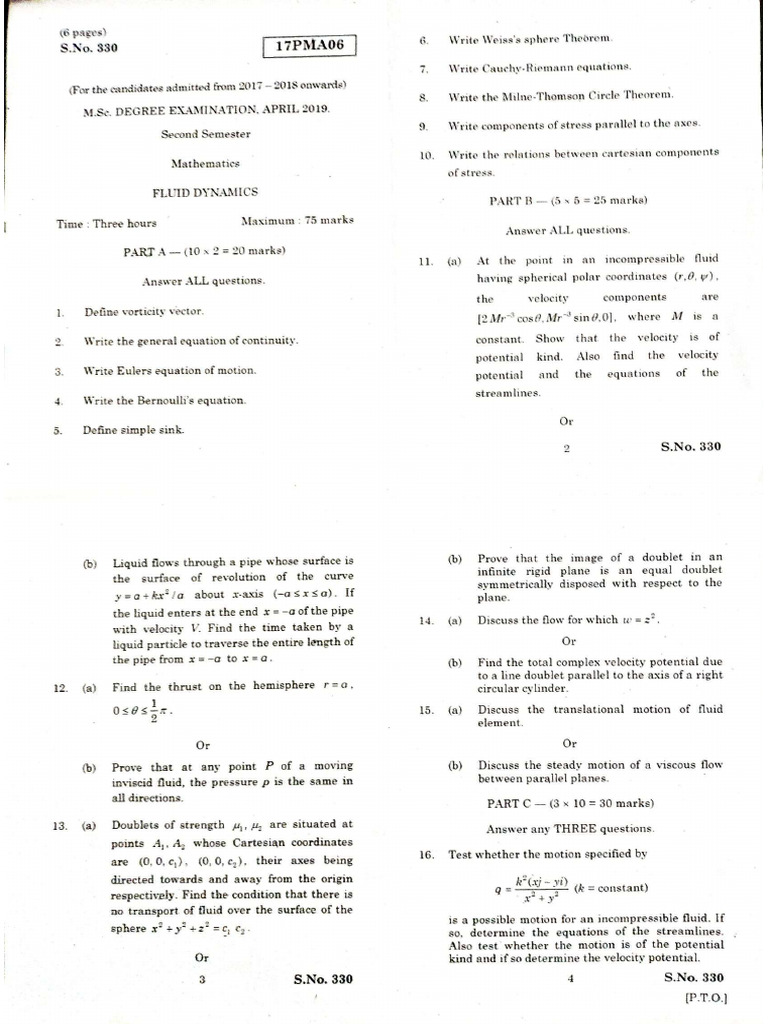 Fluid Dynamics Question Paper | PDF