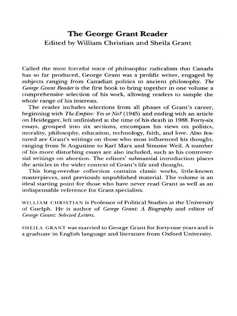 The George Grant Reader | PDF | Augustine Of Hippo | Immanuel Kant