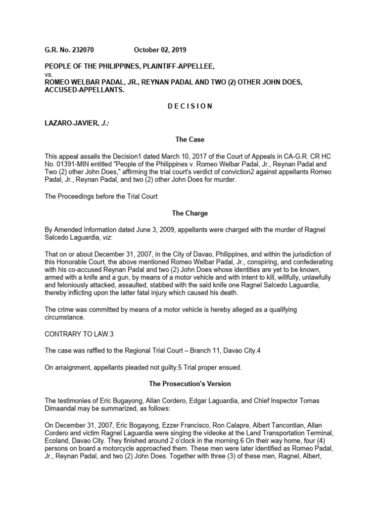 People vs. Padal JR., Et Al - G.R. No. 232070 | PDF | Damages | Murder