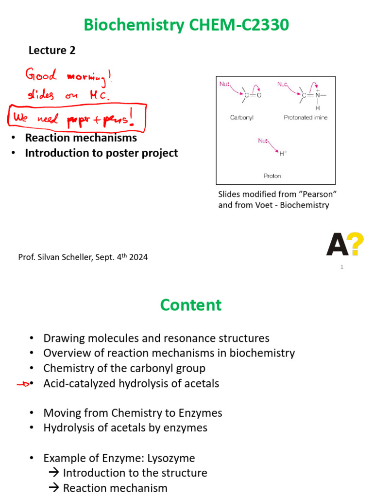 CHEM C2330 2024 L2 Reaction Mechanisms Diversity of Enyzmes 240904 With ...