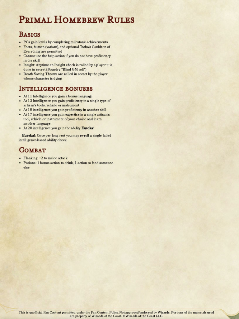 Primal Homebrew Rules _ GM Binder | PDF
