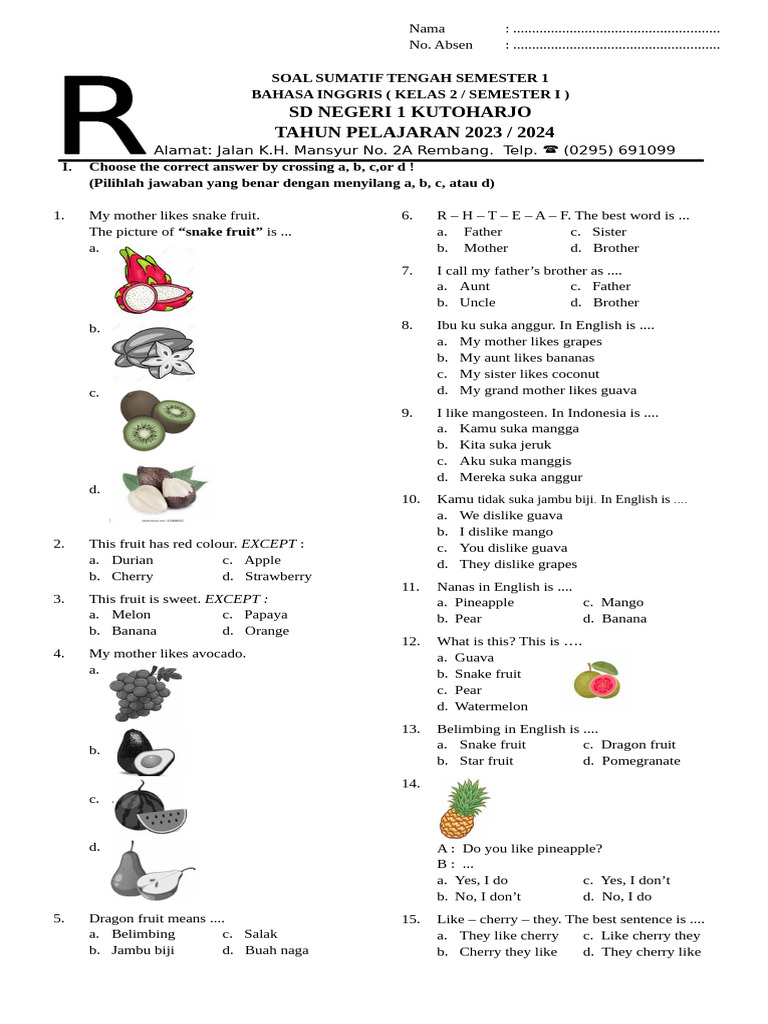 PTS 1 KELAS 2 new | PDF | Fruit | Edible Fruits