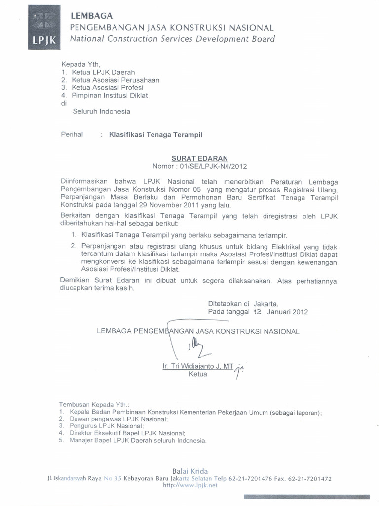 Surat Edaran-Klasifikasi SKT-01-2012 | PDF