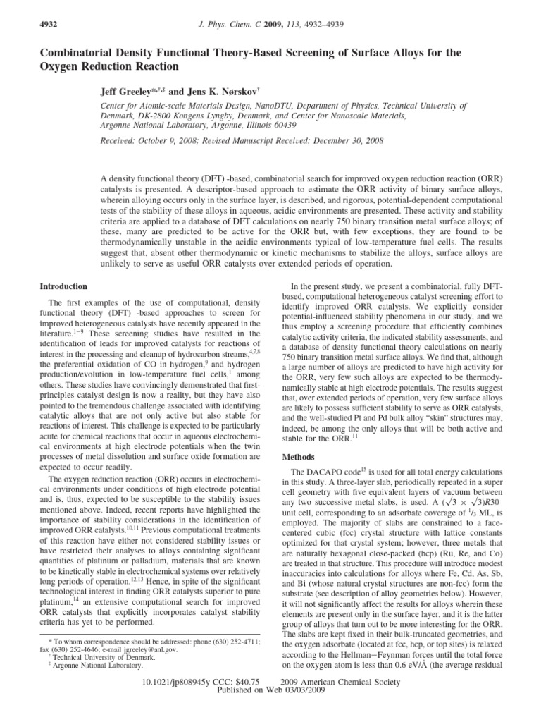 2009 - Combinatorial Density Functional Theory-Based Screening of Surface Alloys For The Oxygen ...