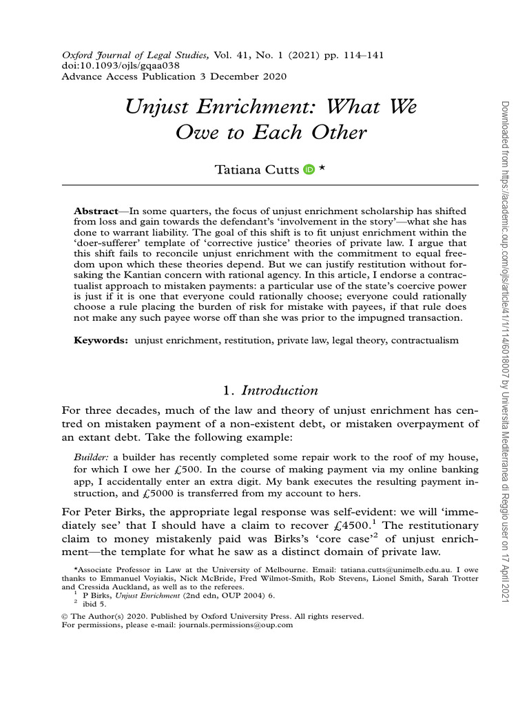 Unjust Enrichment. What We Owe To Each Other. Cutts | PDF | Justice ...