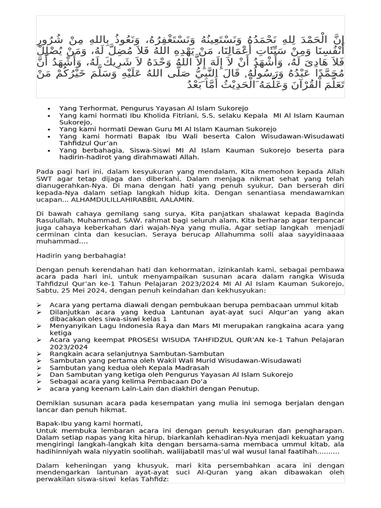 MC Wisuda Tahfidz 2023-2024 Mi Al Islam Sukorejo | PDF | Perjalanan | Kajian Bahasa Asing