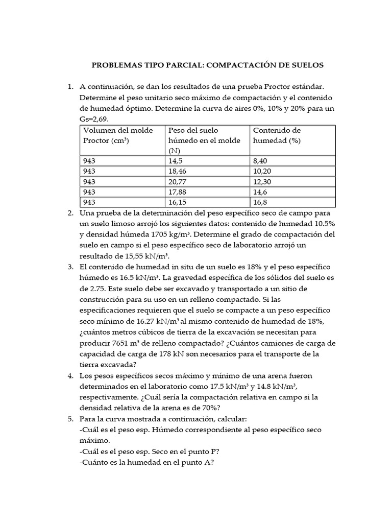 Problemas de Compactacion Tipo Parcial | PDF | Ciencia del suelo | Suelo
