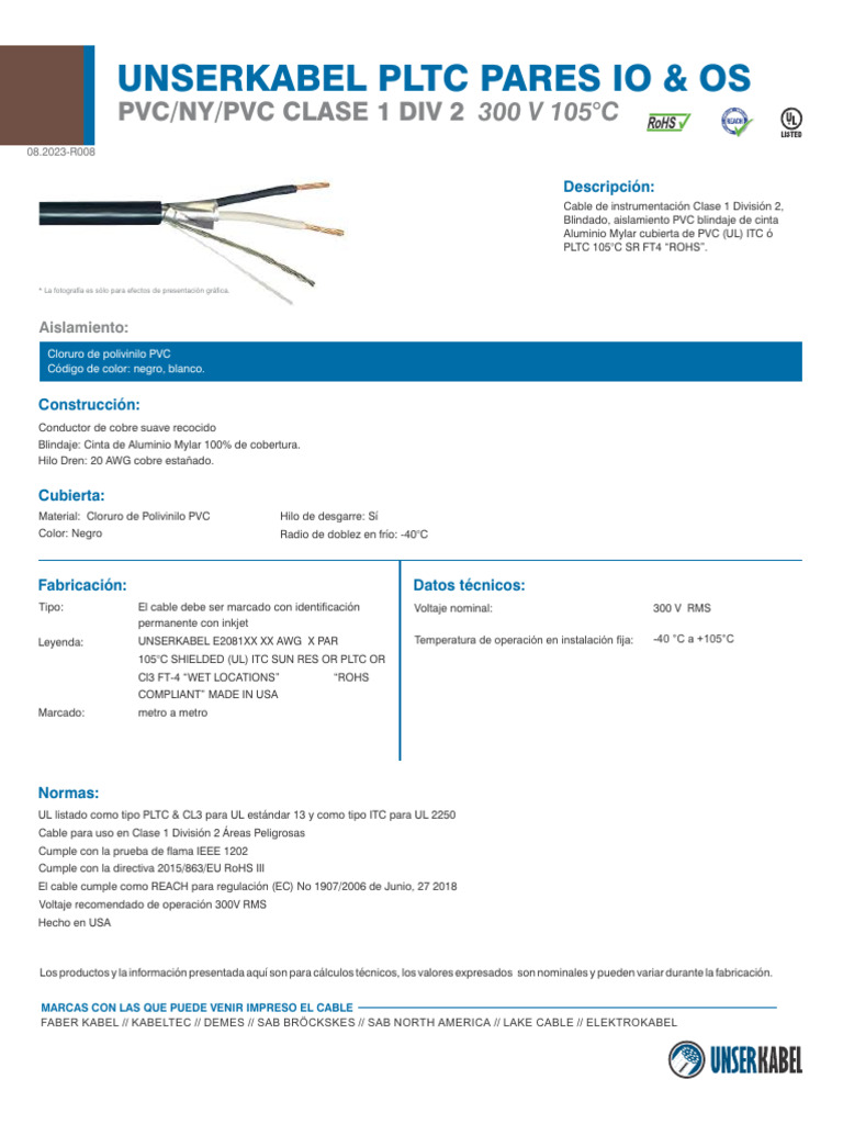 Cables UNSERKABEL PLTC Clase 1 Div 2 | PDF | Cloruro de polivinilo | Rieles