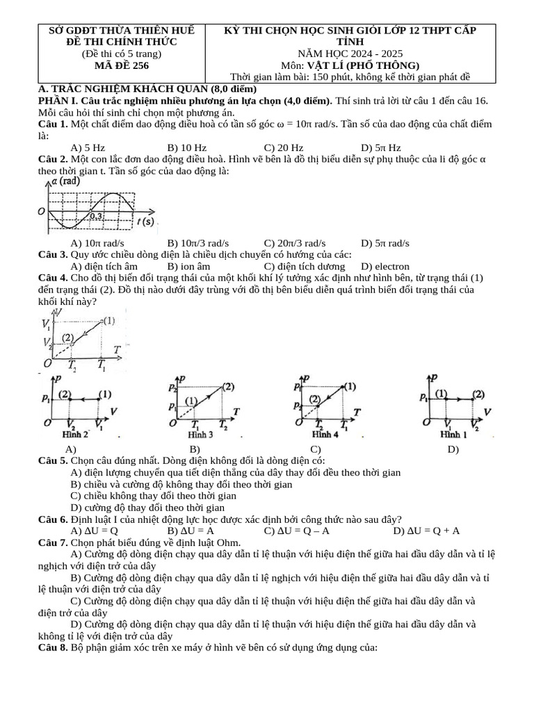De Thi HSG Vat Li 12 Nam 2024 - 2025 - Thua Thien Hue | PDF