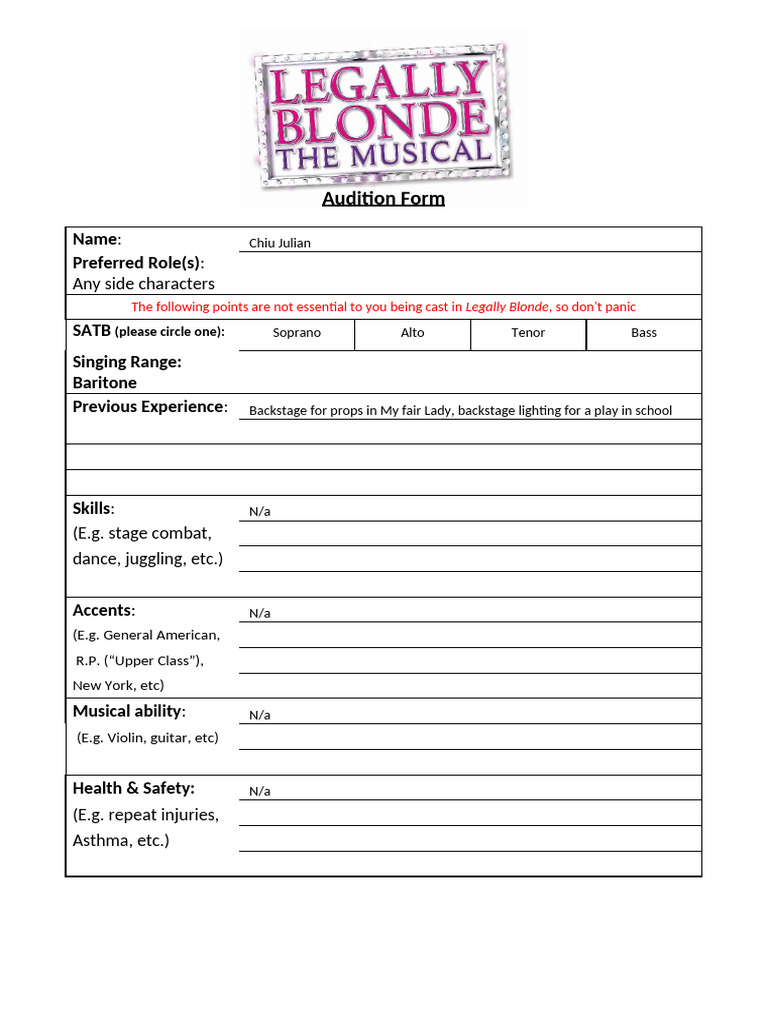 Legally Blonde - Audition Form | PDF