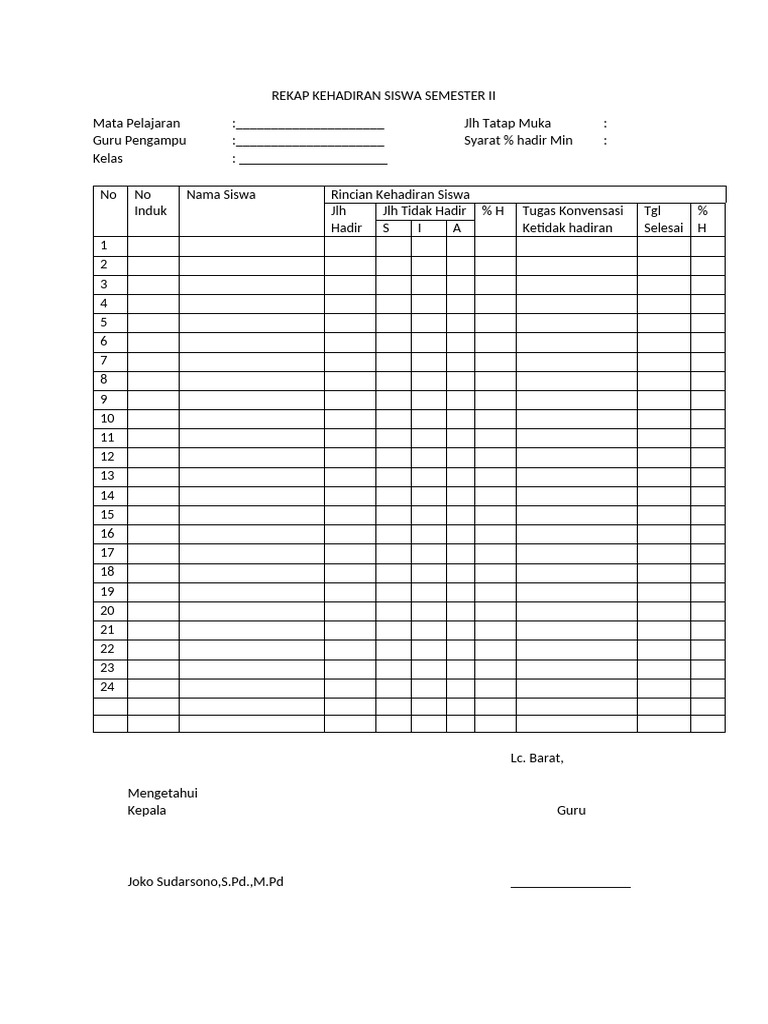 Rekap Kehadiran Siswa Semester I | PDF