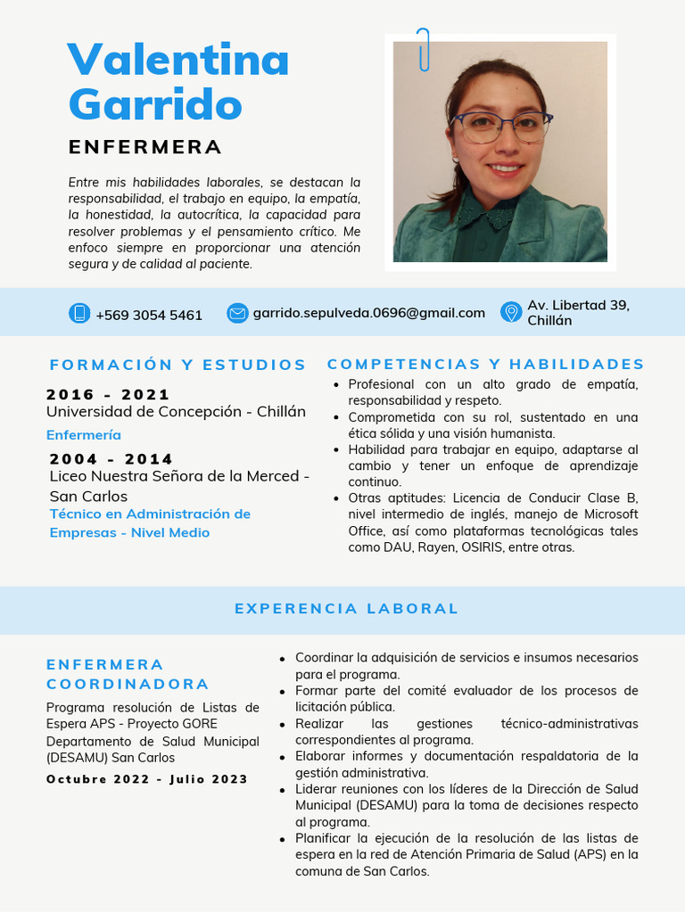 CV Valentina Garrido Sepulveda | PDF | Enfermería | Hospital