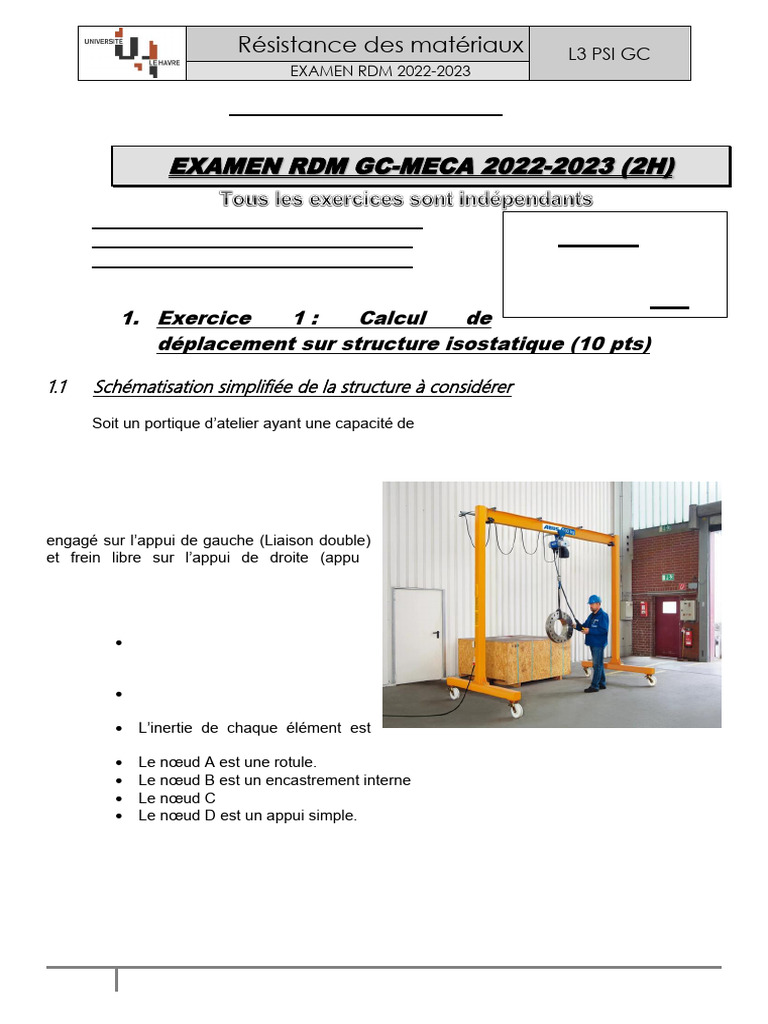 Examen RDM 2022-2023 : Portique Isostatique | PDF | Résistance des ...