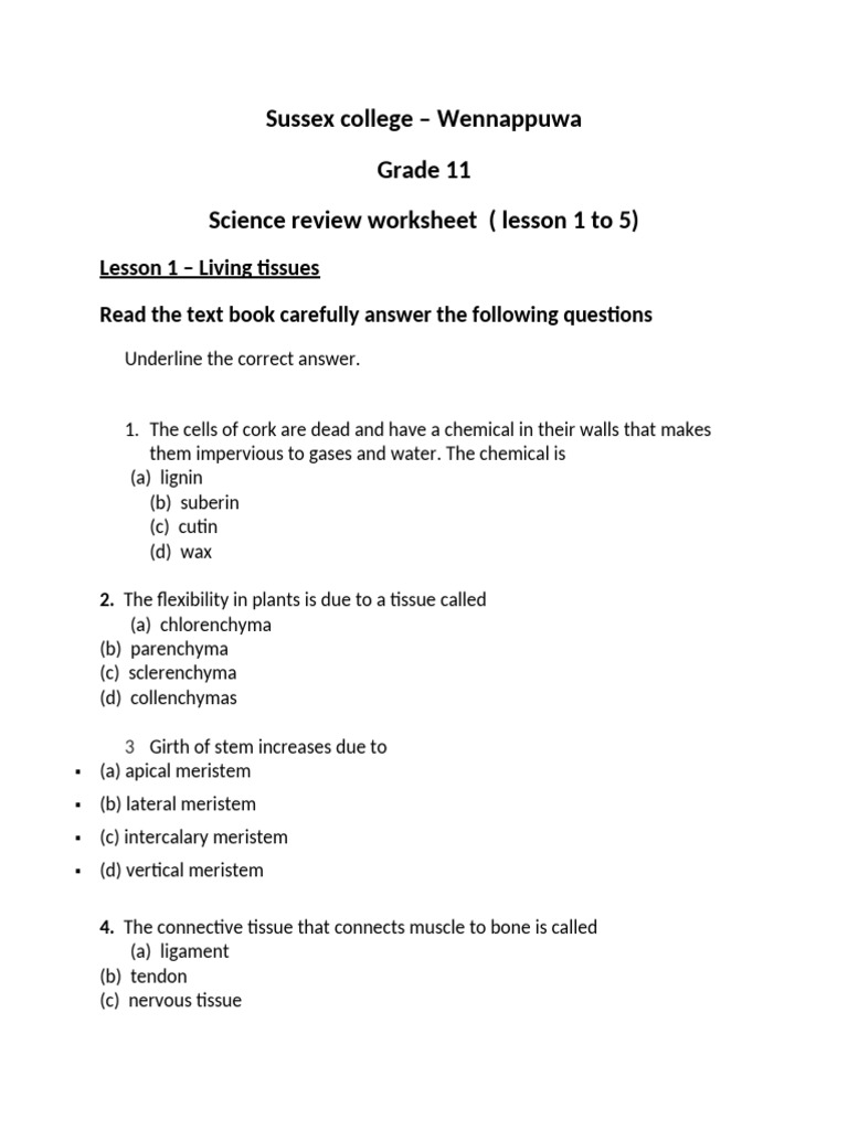 Science Review Worksheets For Grade 11 | PDF | Tissue (Biology) | Sound