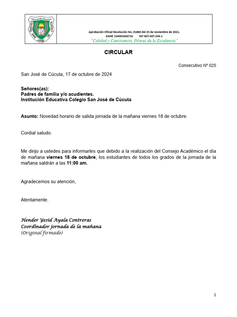 CIRCULAR 025 Novedad Horario de Salida 18 de Octubre | PDF