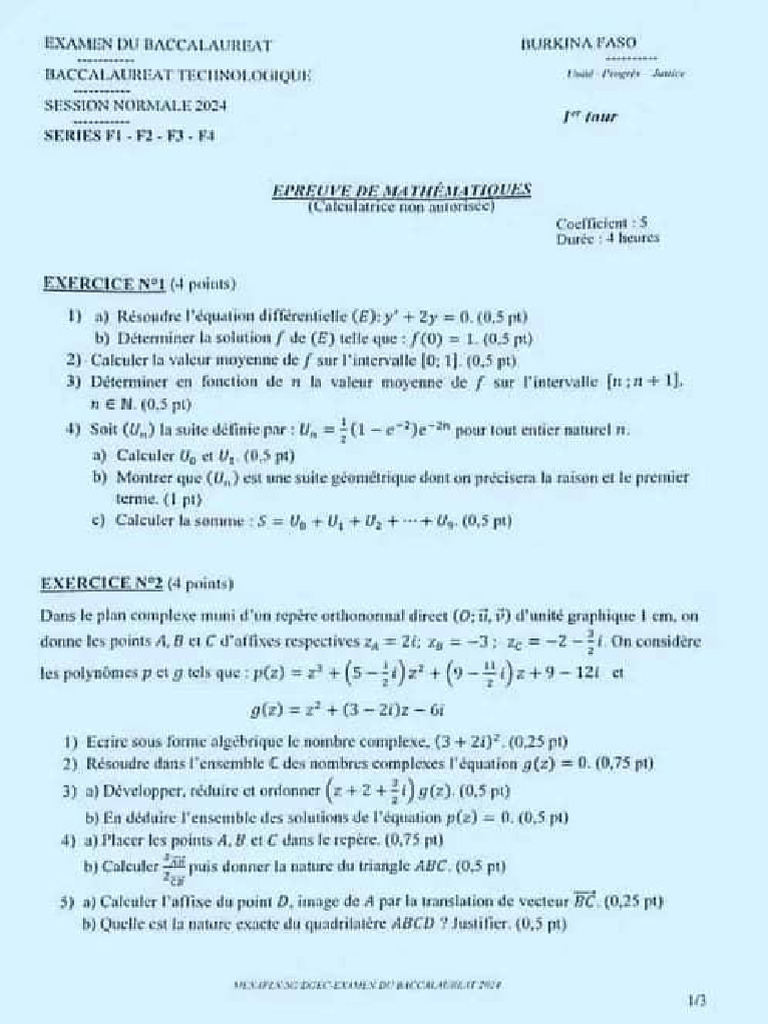 Sujet Bac 2024 Mathematiques Serie F1-F2-F3-F4-1 | PDF