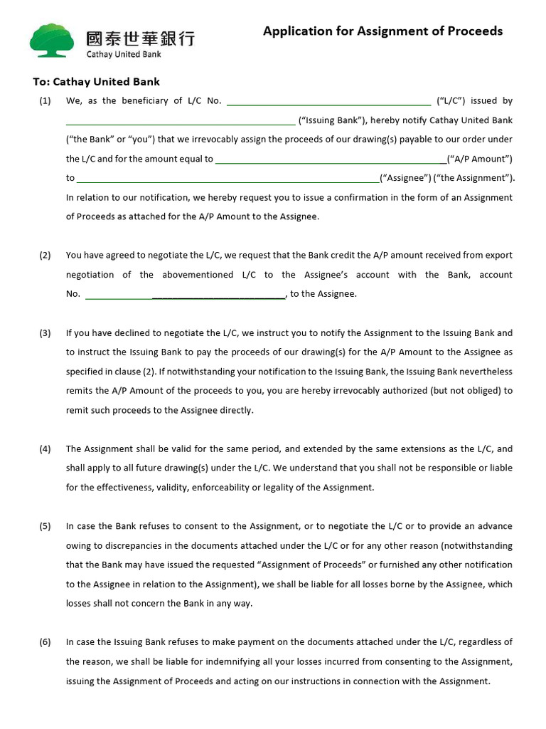 Singapore Branch Ex9 Application For Assignment of Proceeds | PDF ...