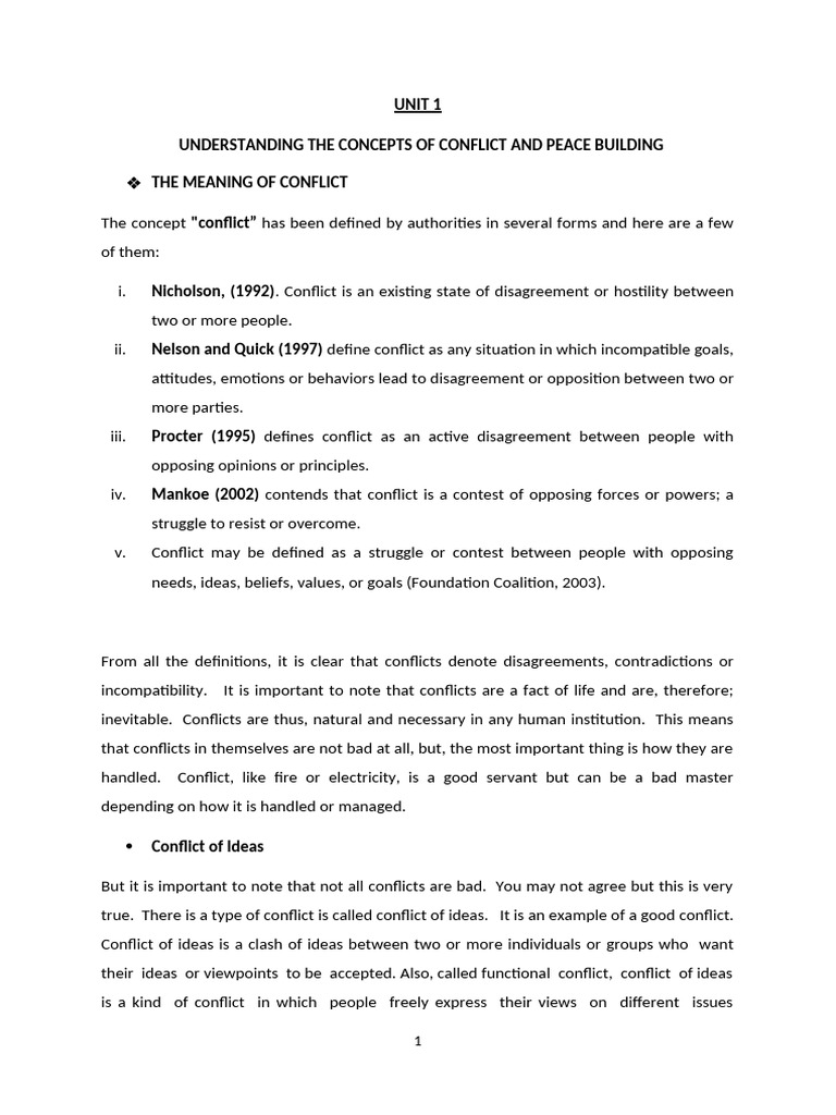 Unit 1 Understanding The Concepts of Conflict and Peace Building The Meaning of Conflict ...