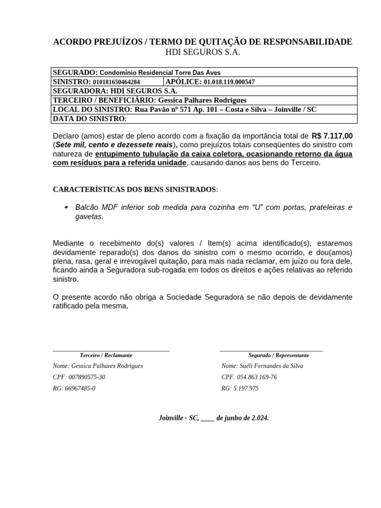 Acordo de Sinistro Condomínio | PDF