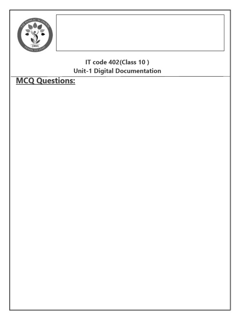 Unit 1 - Class 10 (I.T Question Bank) (Digital Documentation) | PDF ...