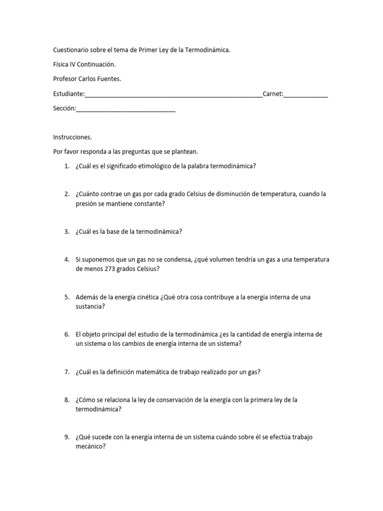 Cuestionario Sobre El Tema de Primer Ley de La Termodin-Mica | PDF