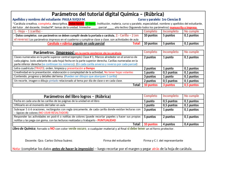 Parámetros Rúbrica Bachillerato en Tutorial Libro 2024 Química | PDF