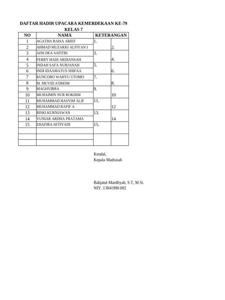 Daftar Hadir Upacara 17 Agustus | PDF