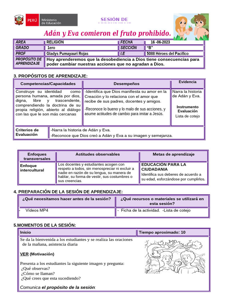 Sesión y Fichas de Adán y Eva Comieron El Fruto Prohibido. | PDF ...