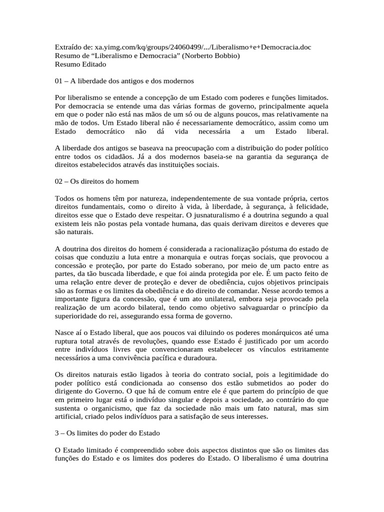 Liberalismo e Democracia Bobbio Resumo | PDF | Estado | Democracia