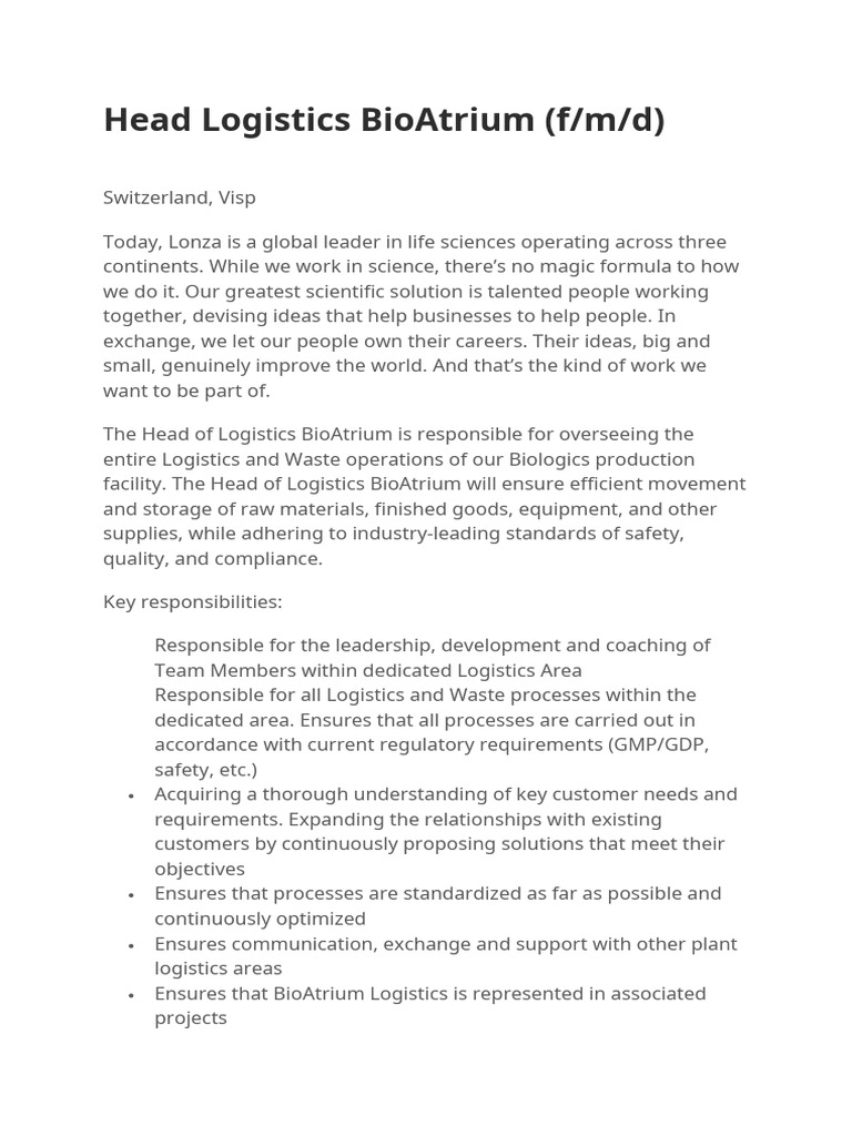 Head Logistics BioAtrium | PDF | Logistics | Supply Chain