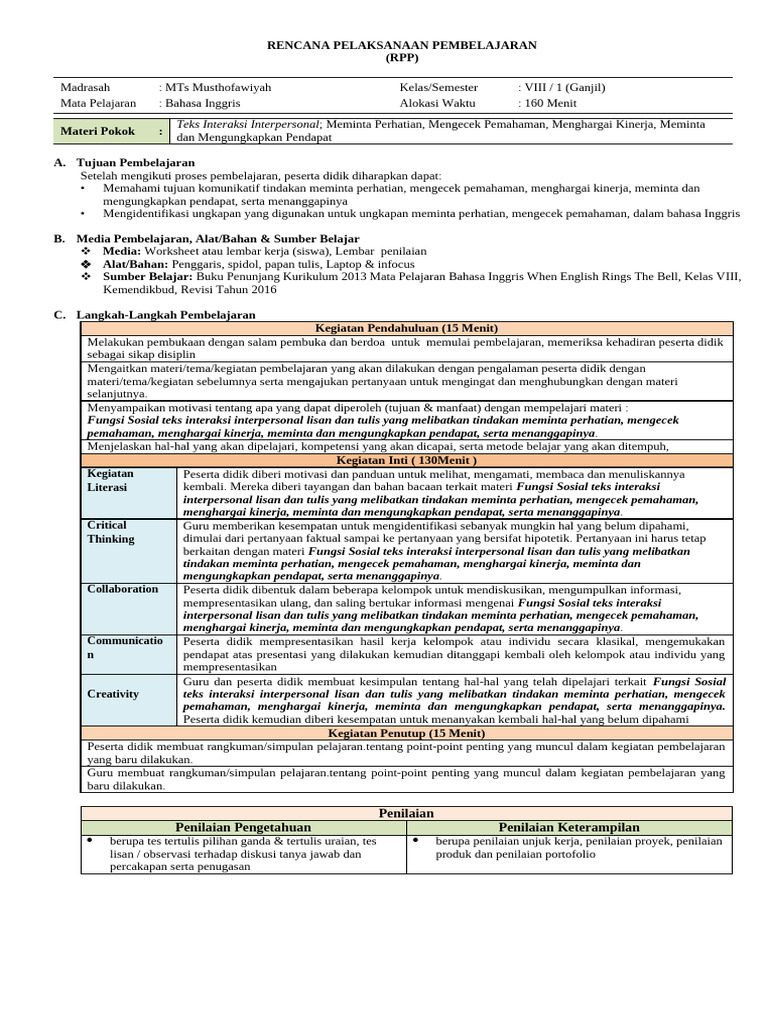 RPP Bhs Inggris Kelas 8 - Ganjil Siap Cetak | PDF