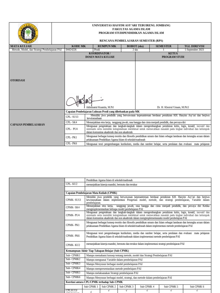 RPS Metode, Model, Dan Strategi Pembelajaran PAI | PDF