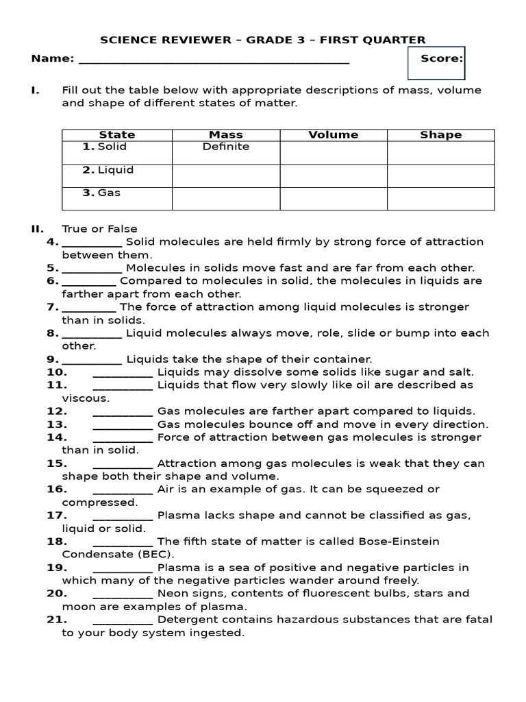 Grade 3 Science Review: States of Matter | PDF | Liquids | Gases