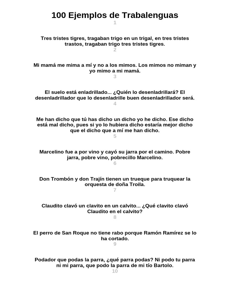 100 Ejemplos de Trabalenguas Diversos | PDF