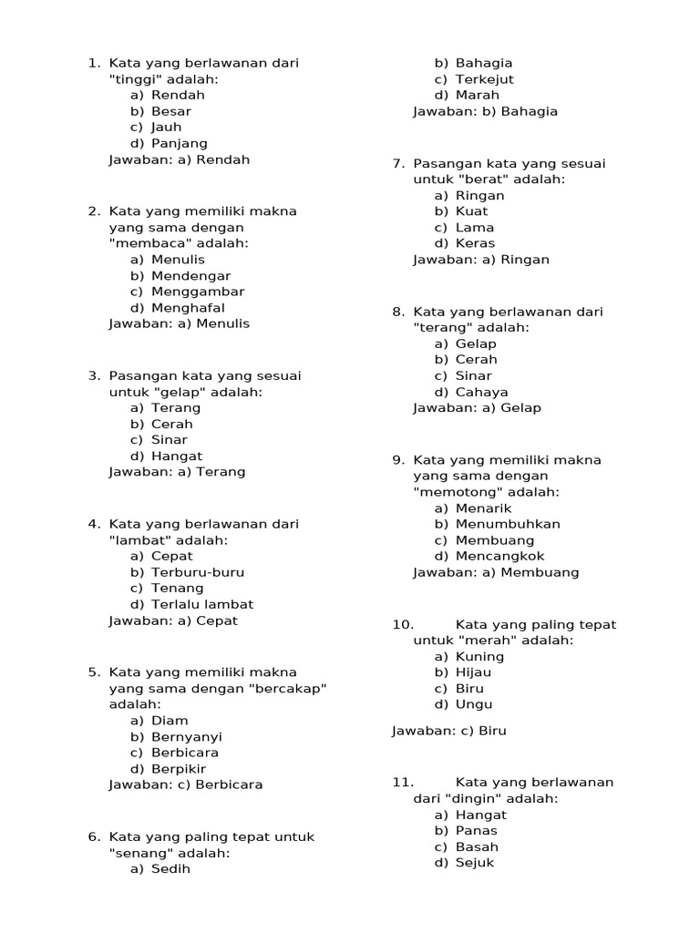 10 Kata Berlawanan dalam Bahasa Indonesia | PDF
