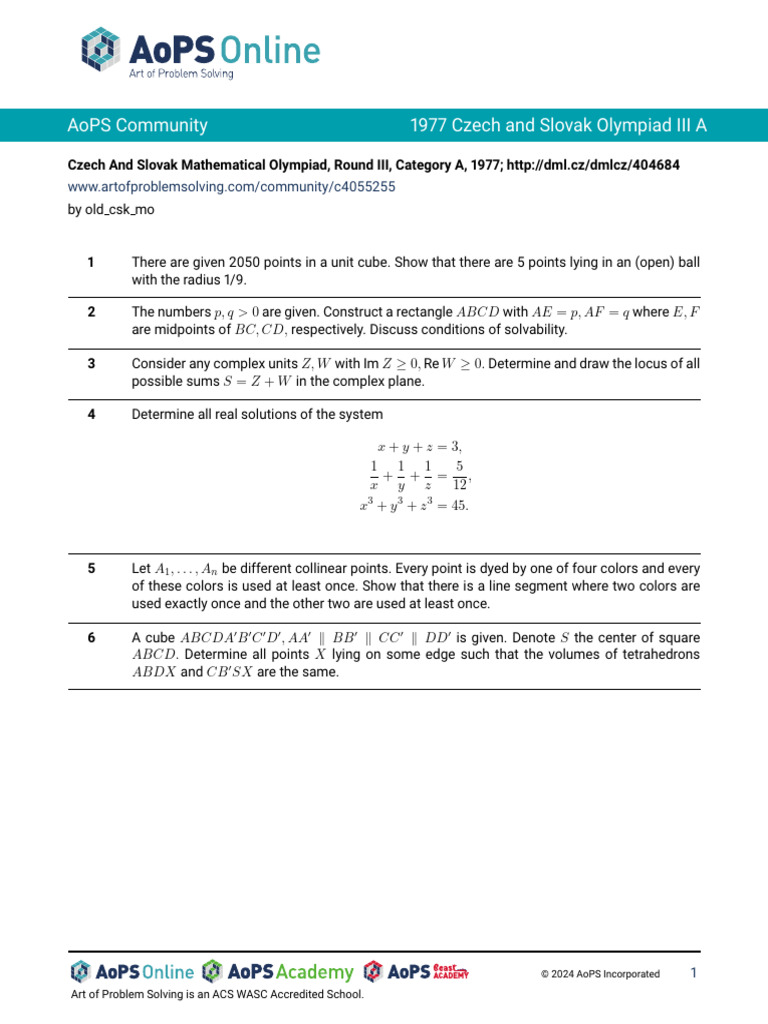 Aops Community 1977 Czech and Slovak Olympiad Iii A | PDF
