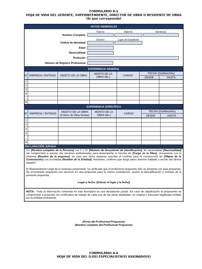 Formulario A-5 - Director, Residente y Especialista | PDF | Documento de identidad