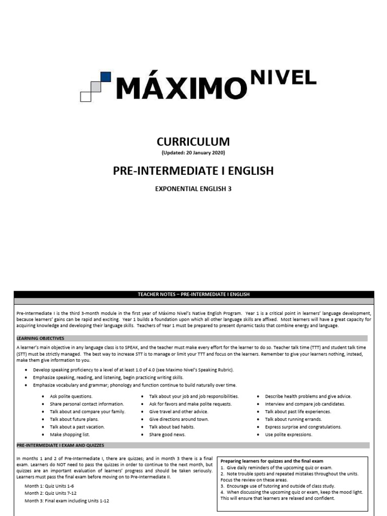 PRE-INT I CURRICULUM - EXPONENTIAL ENGLISH 3 - 2020 (1) | PDF ...