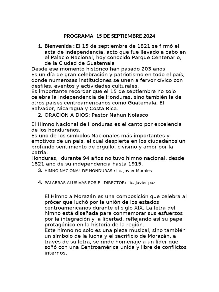 Programa 15 de Septiembre 2024 | PDF | Honduras | Centroamérica