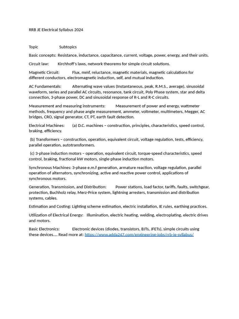 RRB JE Electrical Syllabus 2024 | PDF | Electric Motor | Alternating Current