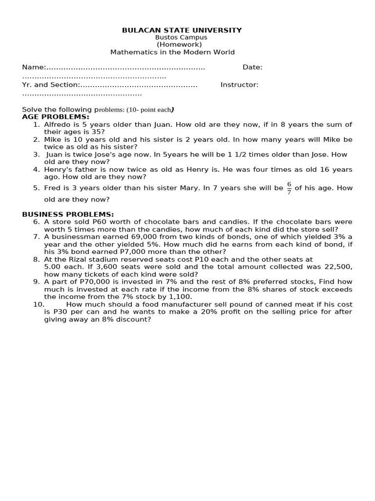 Age Problems Homework | PDF