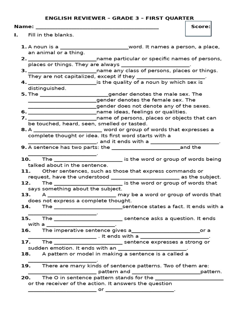 Grade 3 English Review: Nouns & Sentences | PDF | Sentence (Linguistics ...
