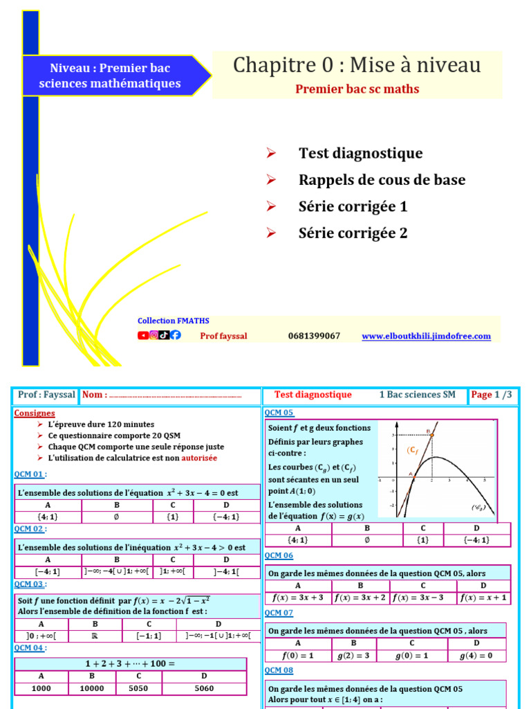 Test diagnostique 1 Bac SM Maths | PDF | Choix multiple | Mathématiques ...