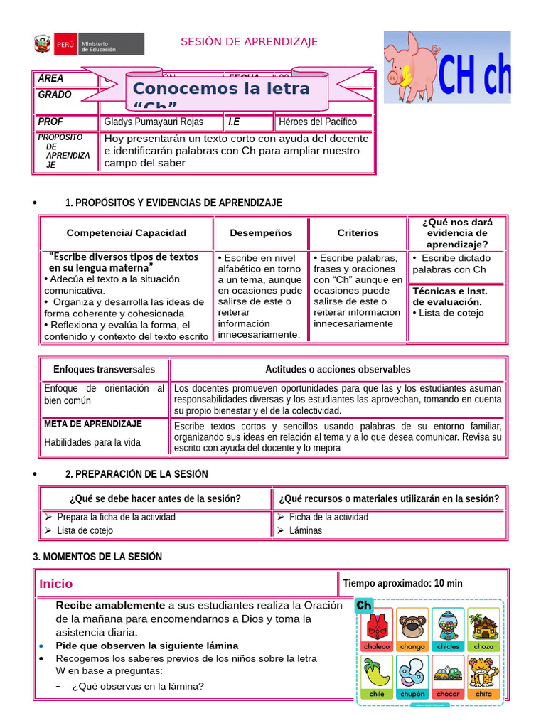 Sesiòn Conocemos la letra “CH” | PDF | Aprendizaje | Evaluación
