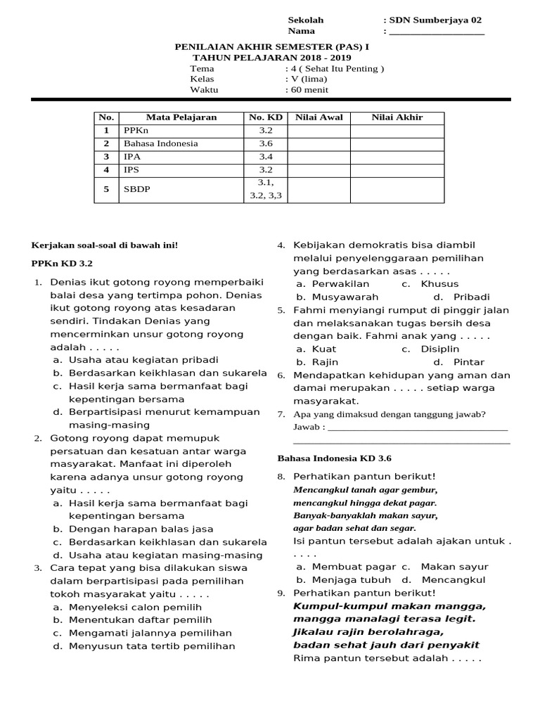 KELAS 5 PAS TEMA 4 2018-2019 | PDF