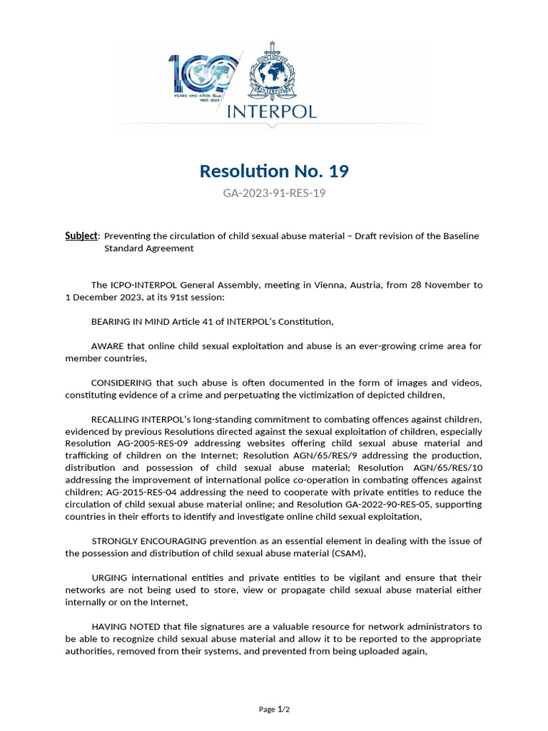 GA-2023-91-RES-19 - Preventing The Circulation of Child Sexual Abuse Material - Draft Revision ...