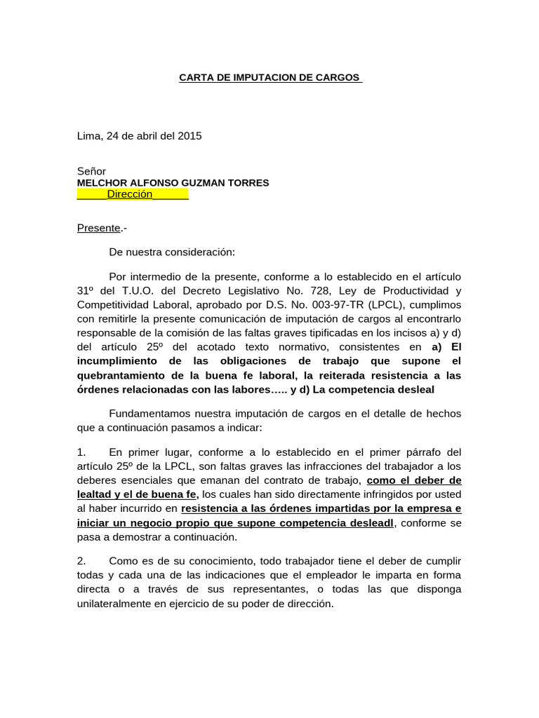 Carta de imputacion de cargos Competencia desleal - Melchor Guzman Torres | PDF | Business